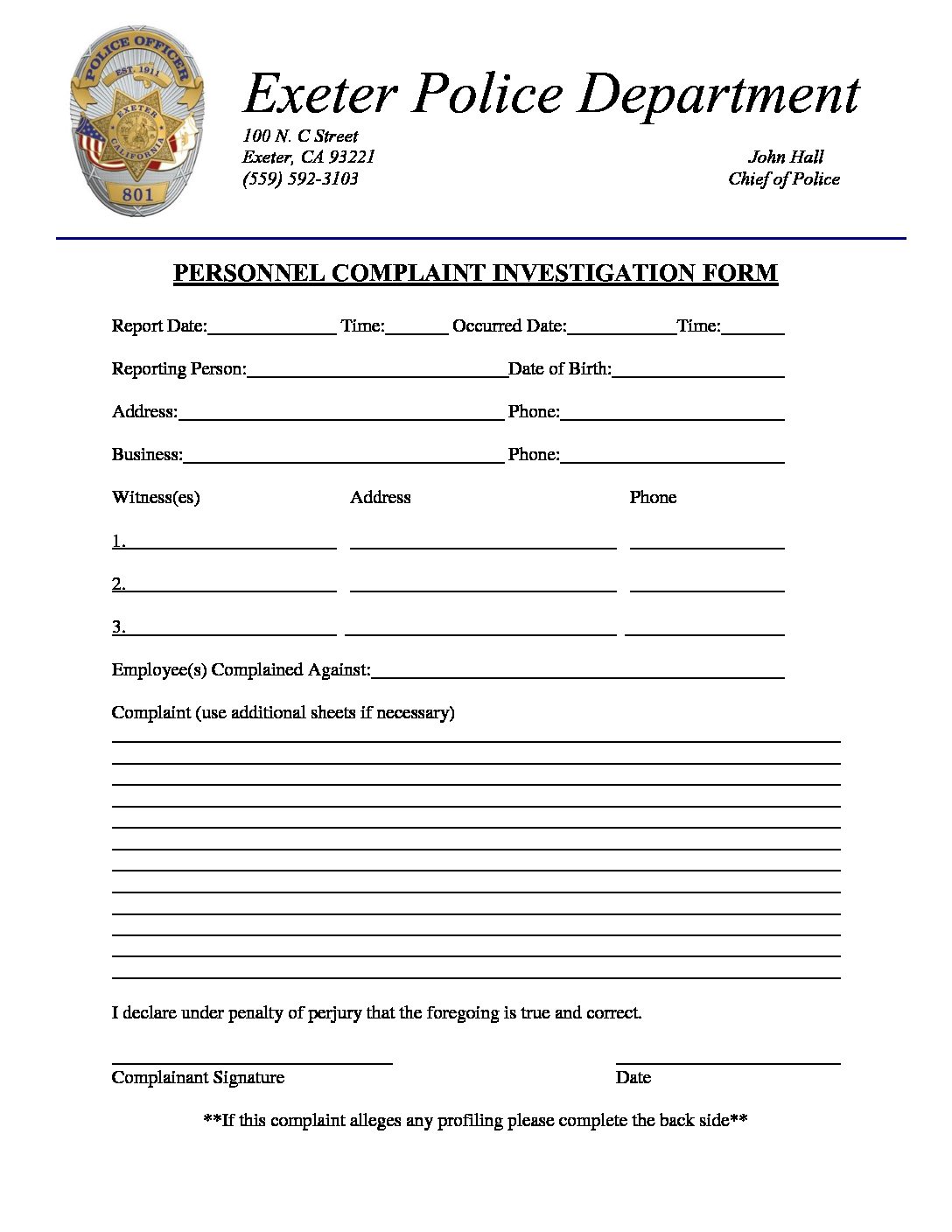 Exeter Complaint Form | City of Exeter
