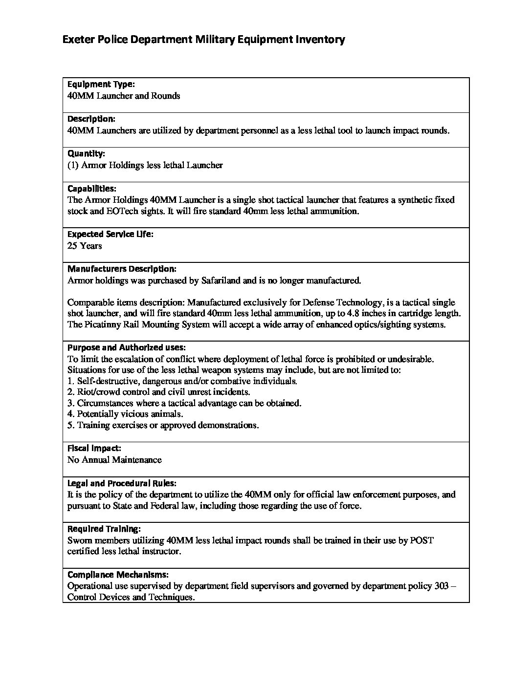 Exeter Police Department Military Equipment Inventory | City of Exeter