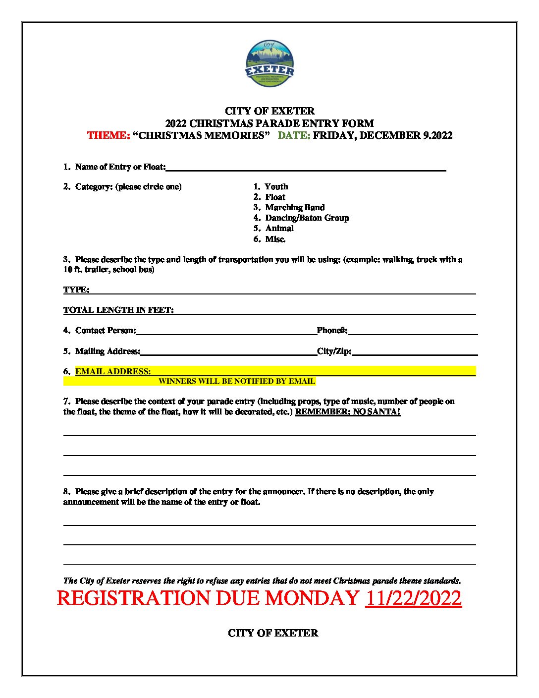Christmas Parade Entry Form 2022 highlighted | City of Exeter