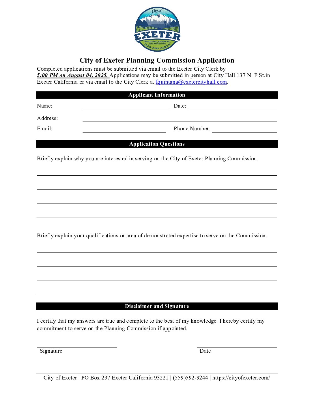 Exeter Planning Commission Application | City of Exeter